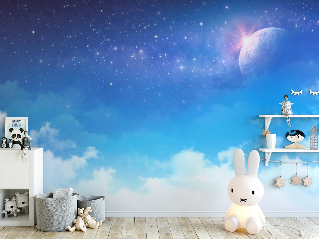 Blue Starry Night Sky Wall Mural | Kids Moon and Clouds Paper Wallpaper ...