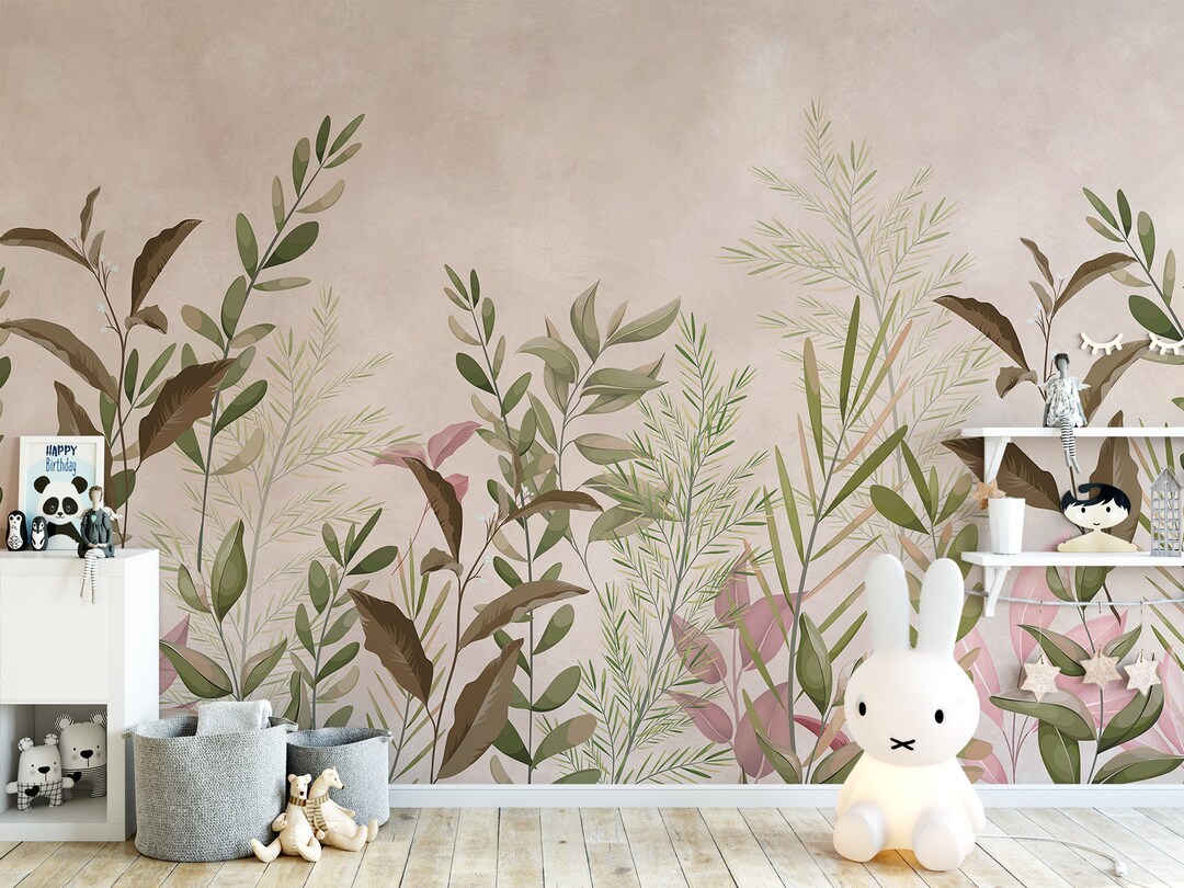 Rustic Warm Floral Wall Mural | Neutral Boho Flowers Paper Wallpaper ...