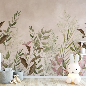 Rustic Warm Floral Wall Mural | Neutral Boho Flowers Paper Wallpaper ...