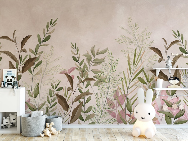 Rustic Warm Floral Wall Mural | Neutral Boho Flowers Paper Wallpaper ...
