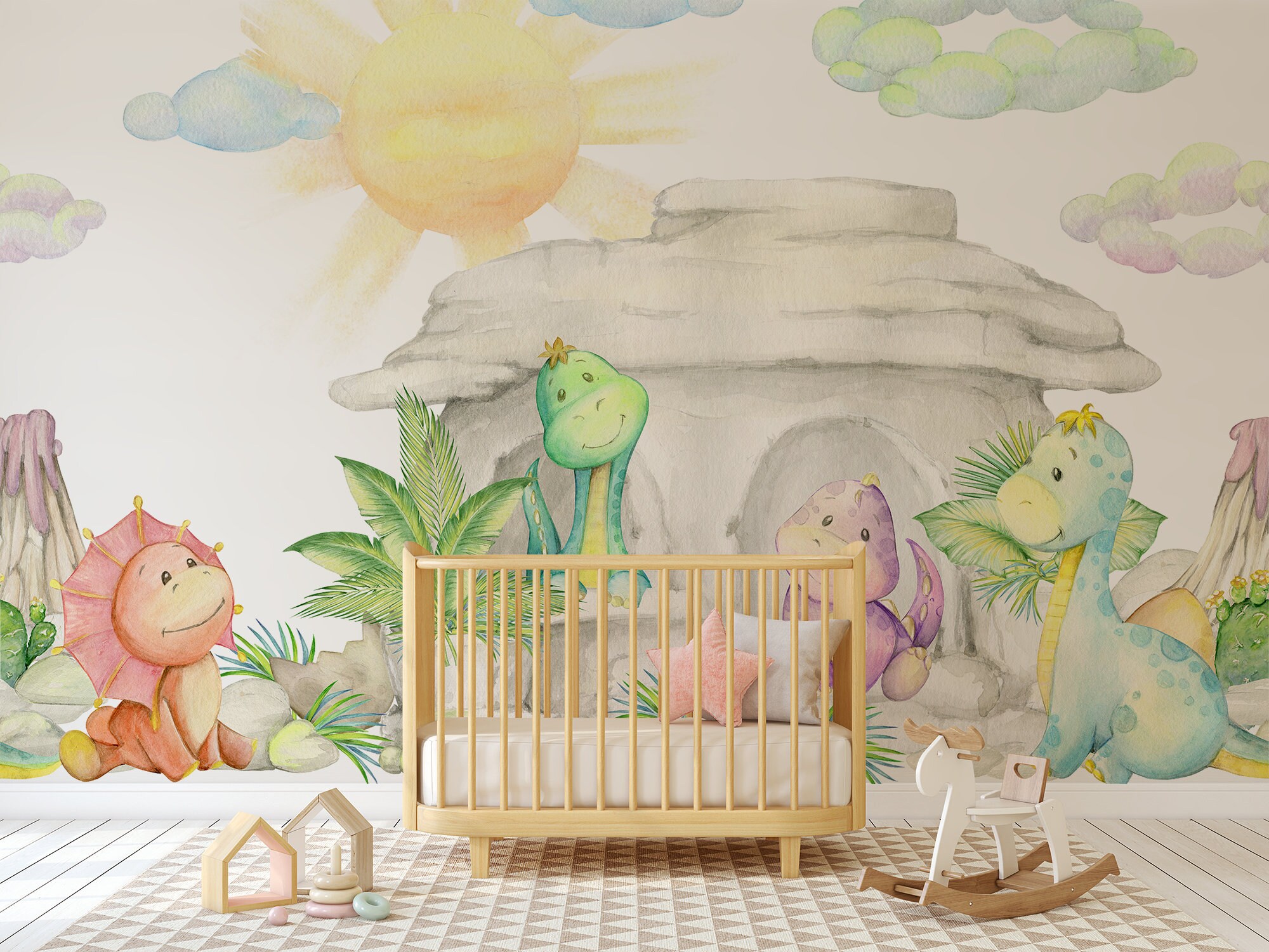 Cute Baby Dinosaur Nursery Wallpaper | Nursery Decor | DIY Wall Art ...