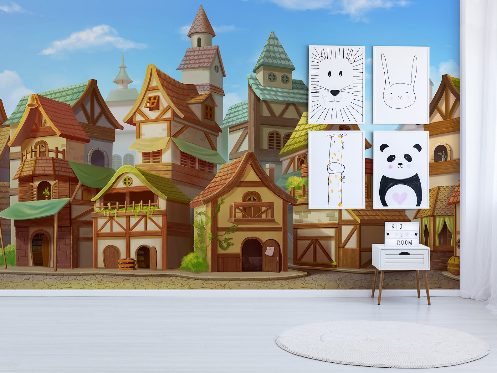 Fantasy Cartoon Village Scene Wall Mural | Blue Sky Dnd Cottages Paper ...