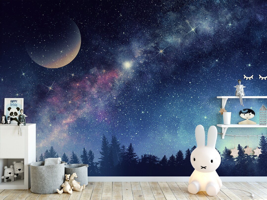 Blue Galaxy Wall Mural | Celestial Starry Night Sky Paper Wallpaper ...