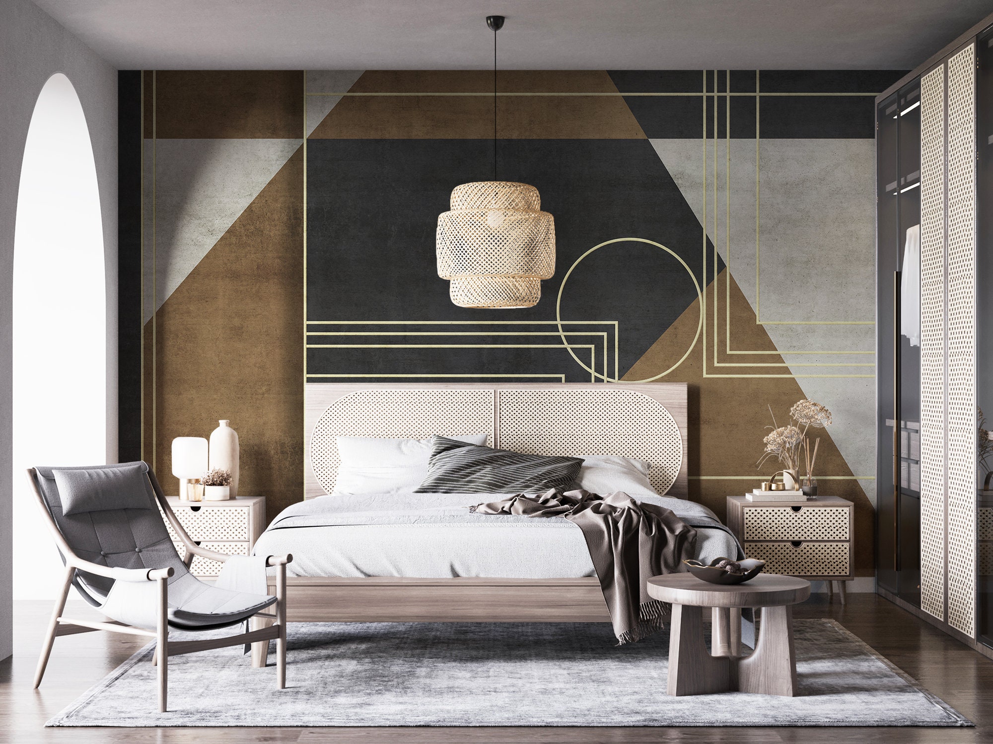 Modern Block Colour Wall Mural | Black, Brown, Gold Art Deco Paper ...