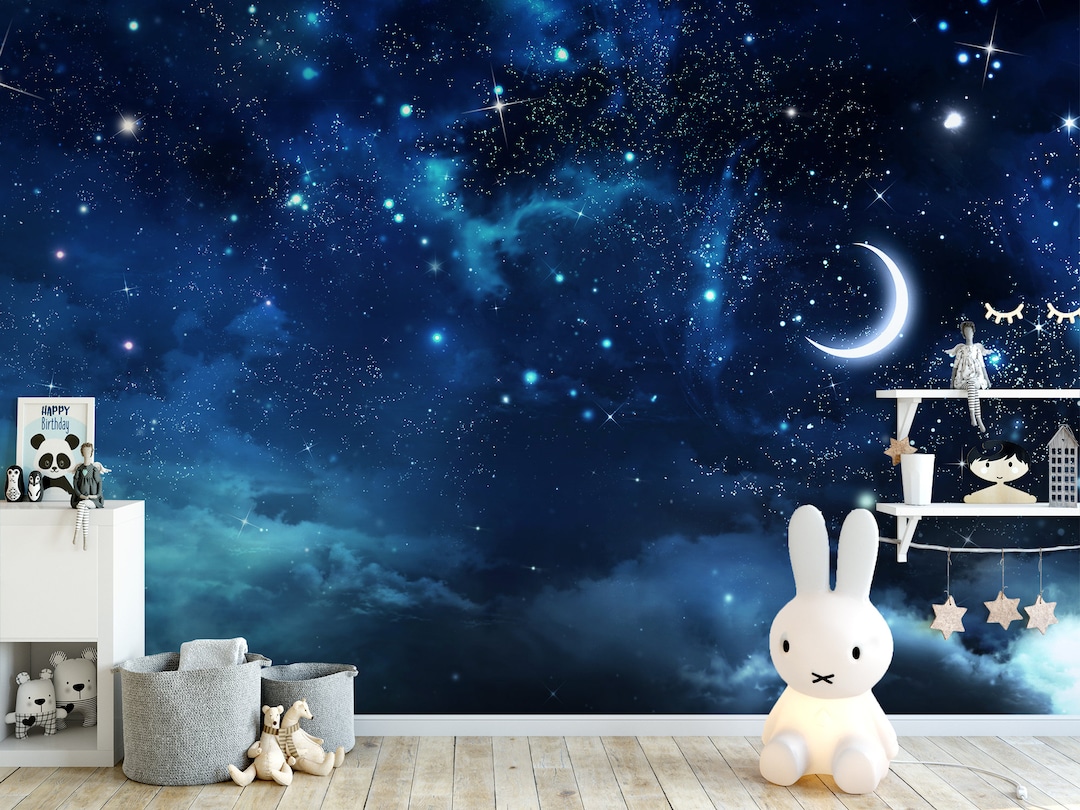 Blue Starry Night Sky Wall Mural | Kids Crescent Moon Paper Wallpaper ...
