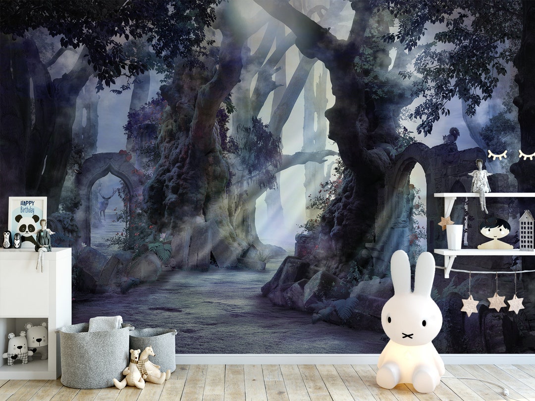 Purple Magical Fairy Forest Wall Mural | Blue Woodland Elven Ruins ...