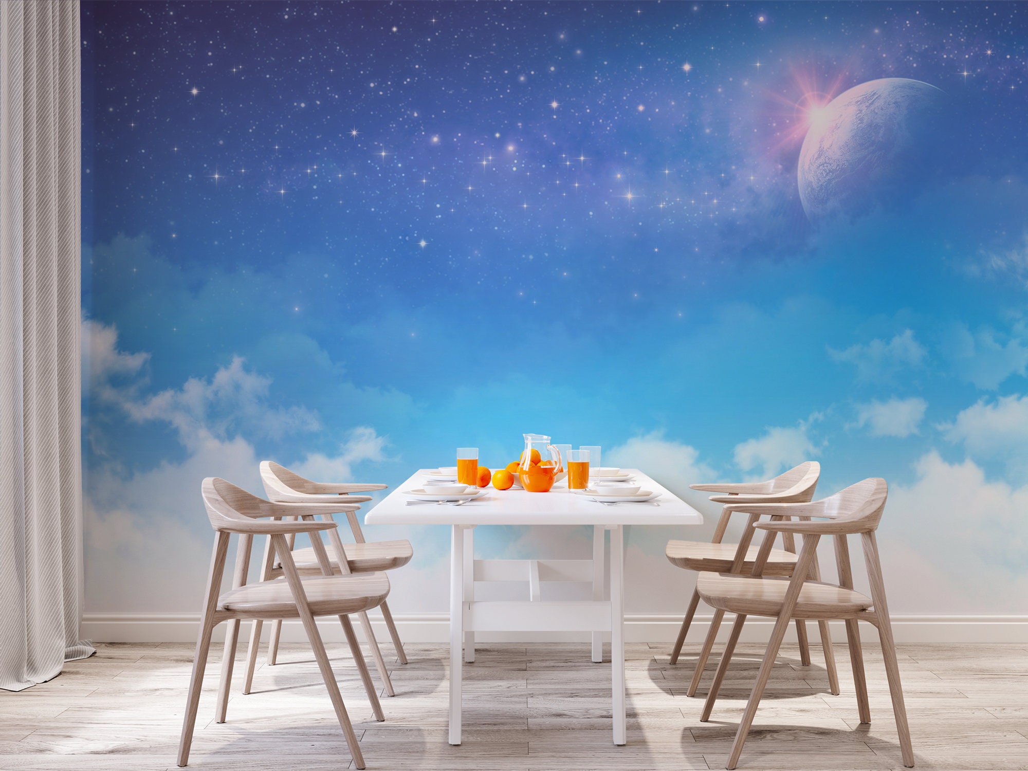 Blue Starry Night Sky Wall Mural | Kids Moon and Clouds Paper Wallpaper ...