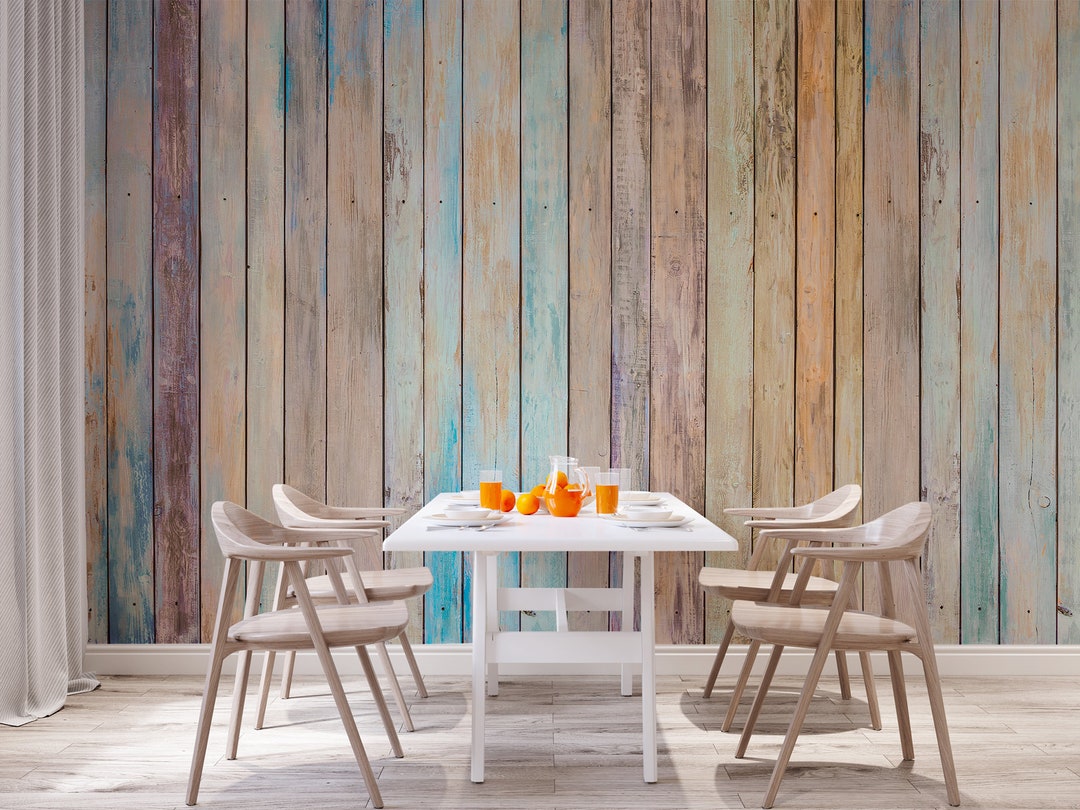 Rustic Wood Panel Wall Mural | Rainbow Woodgrain Grunge Paper Wallpaper ...