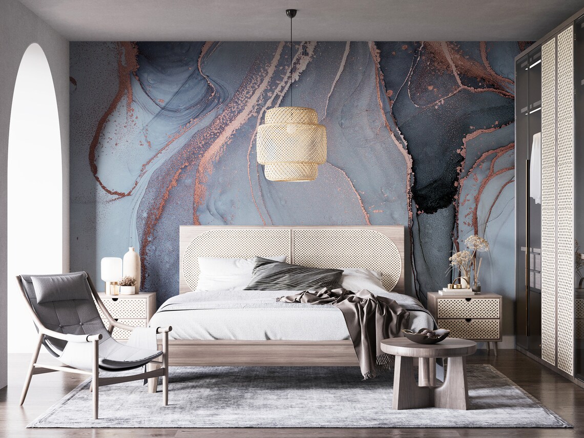 Grey and Copper Marble Wall Mural | Abstract Fluid Art Paper Wallpaper ...