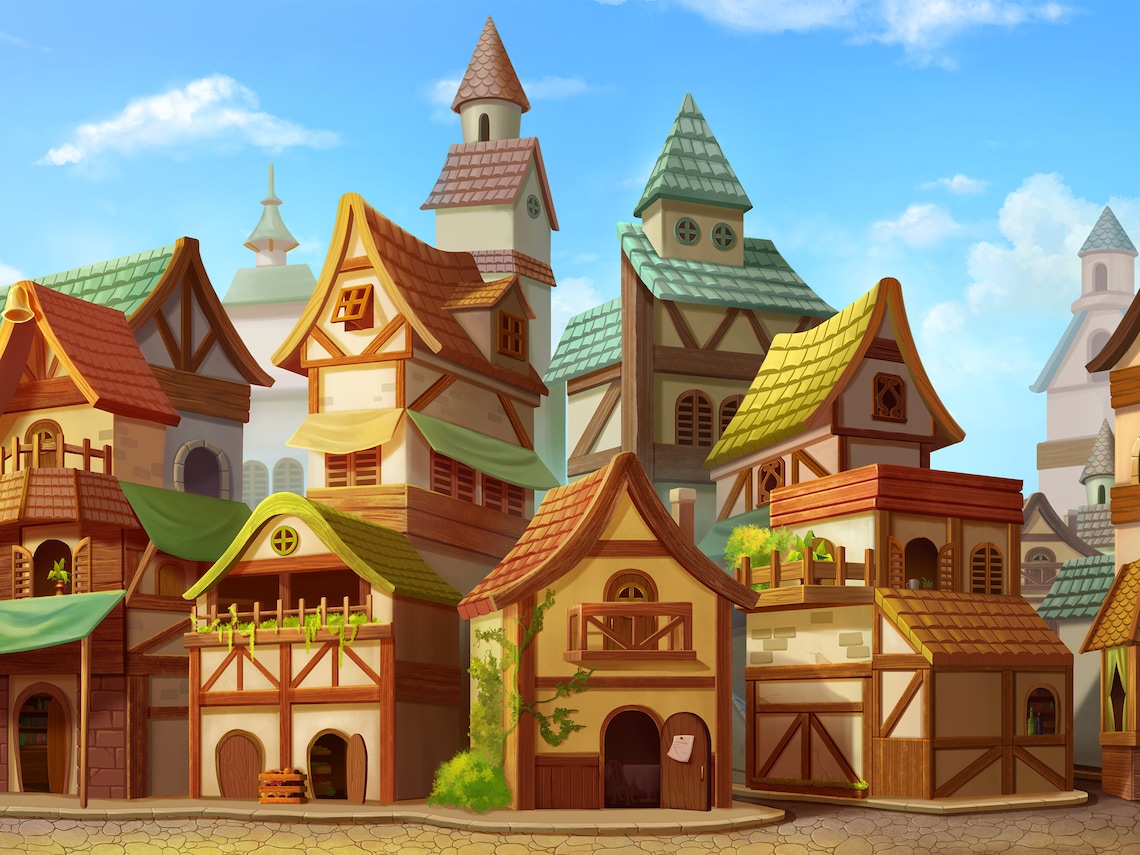 Fantasy Cartoon Village Scene Wall Mural | Blue Sky Dnd Cottages Paper ...