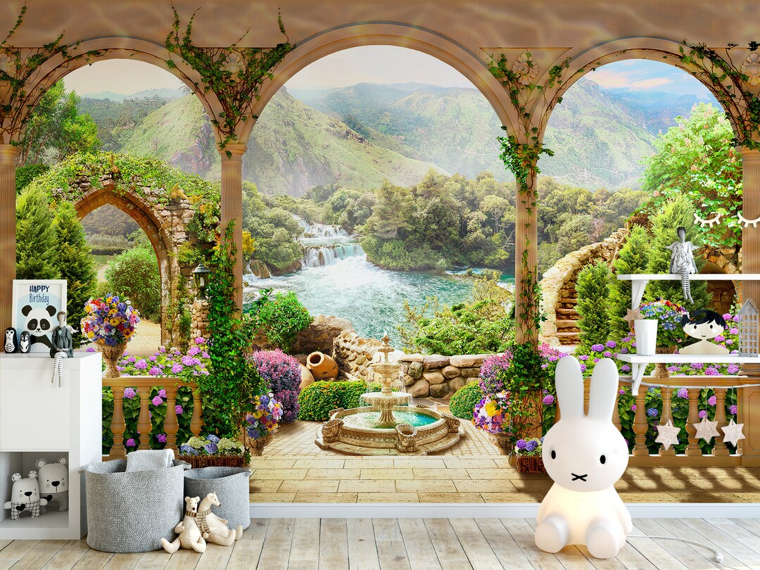 3D Magical Garden Mural | Fantasy Paradise Archway Paper Wallpaper ...