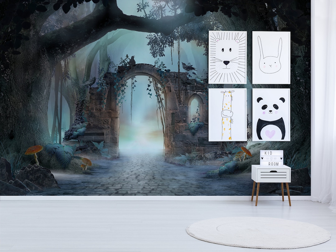 Magical Fairy Forest Wall Mural | Fantasy Green and Blue Elven Ruins ...