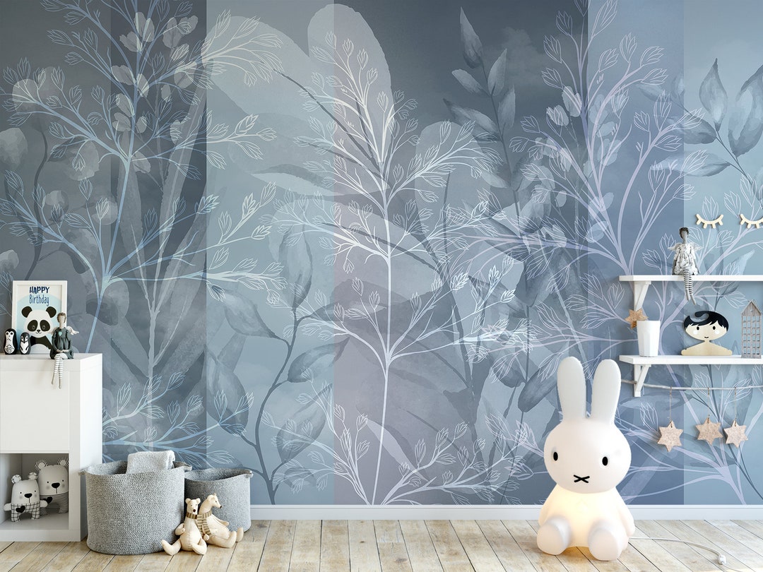 Modern Blue Floral Mural | Navy and Baby Blue Abstract Leaf Paper ...