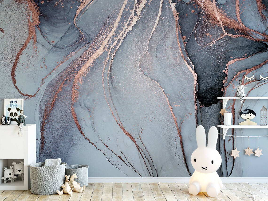 Grey and Copper Marble Wall Mural | Abstract Fluid Art Paper Wallpaper ...