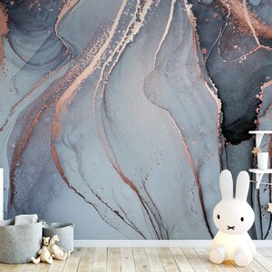 Grey and Copper Marble Wall Mural | Abstract Fluid Art Paper Wallpaper ...