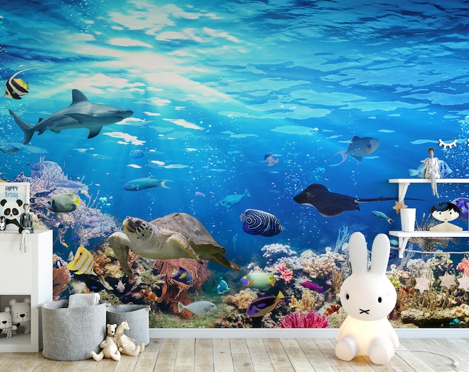 3D Underwater Sharks, Turtle & Fish Wall Mural Ocean Coral Reef Paper ...