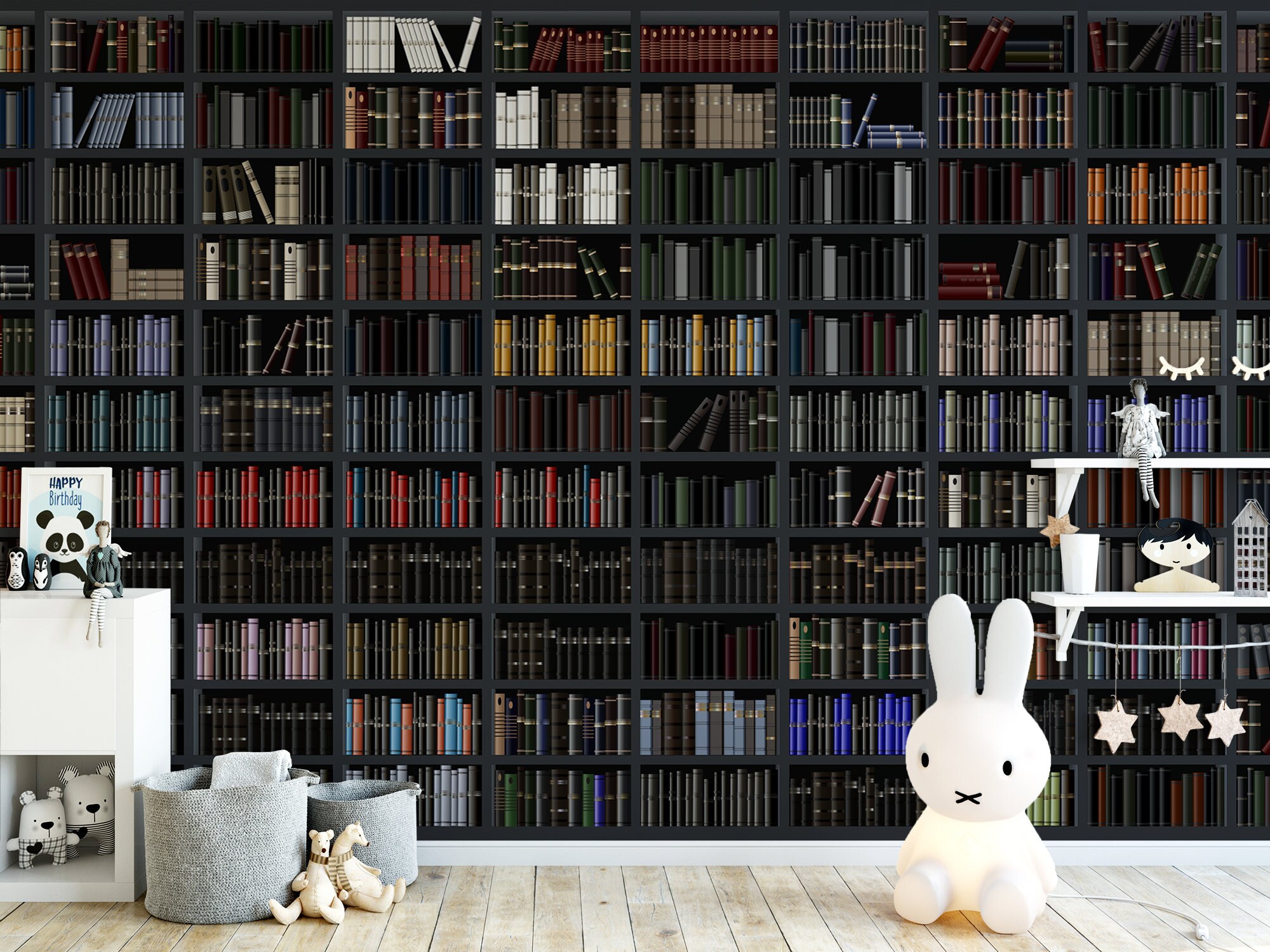 3D Black Library Books Wall Mural | Large Bookshelf Paper Wallpaper ...