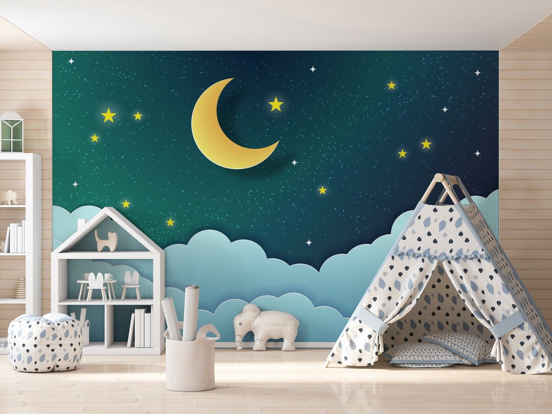 Moon and Stars in Cloudy Night Sky Nursery Wallpaper | Nursery Decor ...