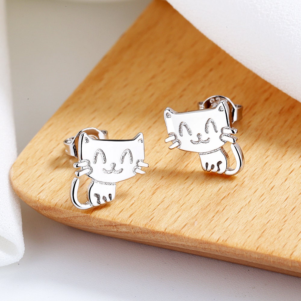 Sterling Silver Cute Cat Earrings - Etsy