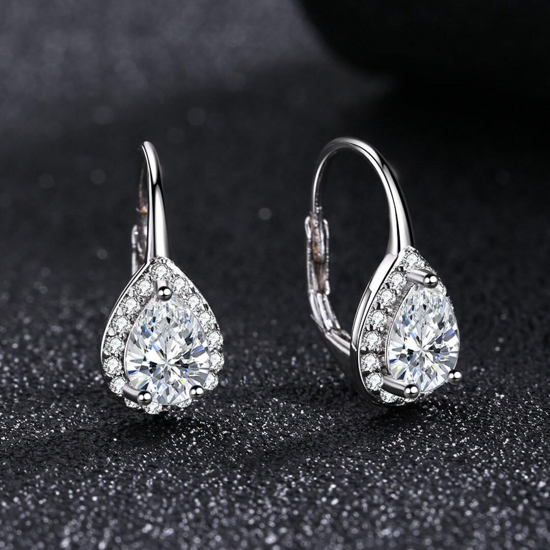 Sterling Silver Pear Omega Lever-back Halo Earring - Etsy