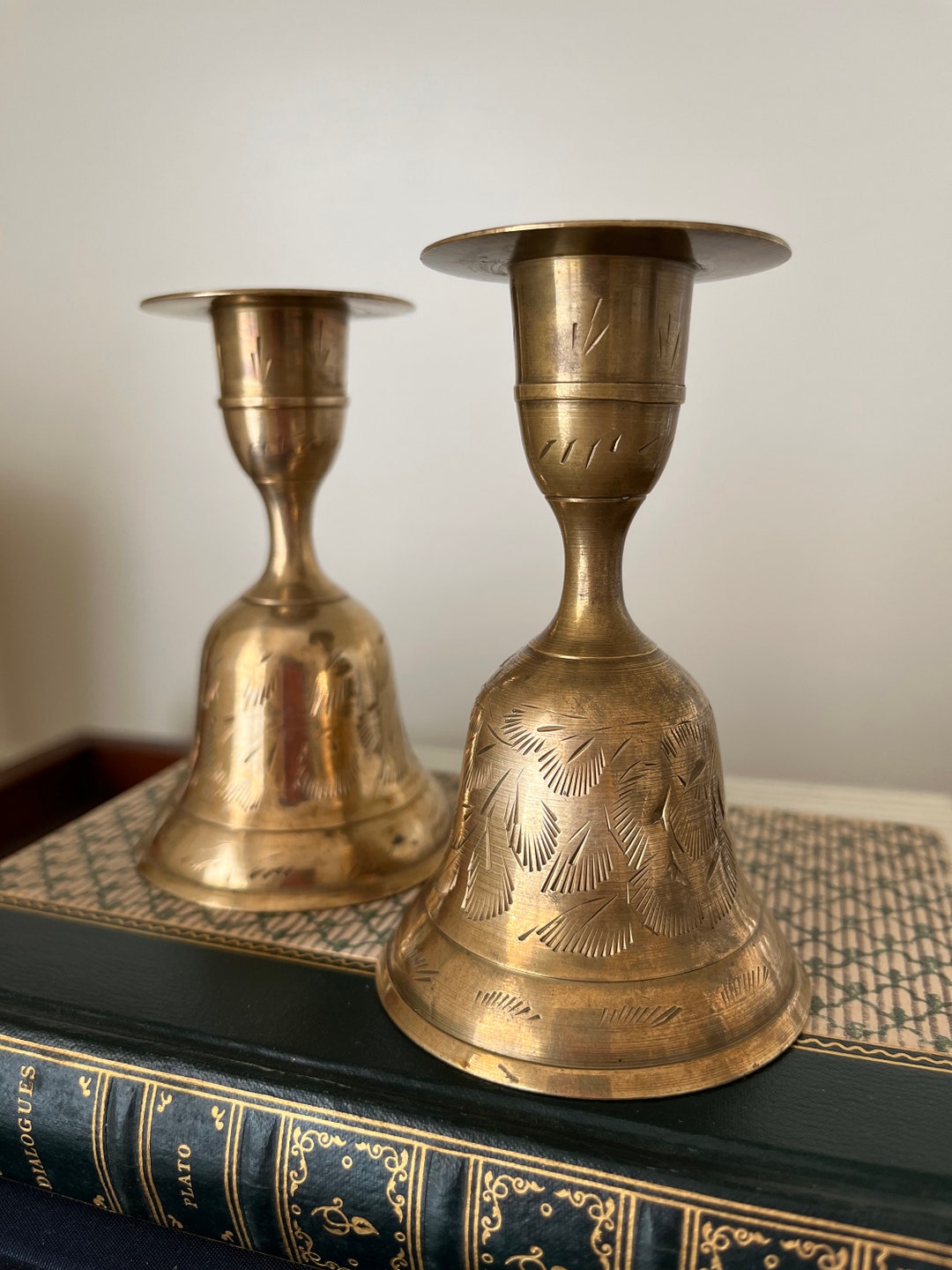 Etched Bohemian Brass Bell Candlesticks - Etsy