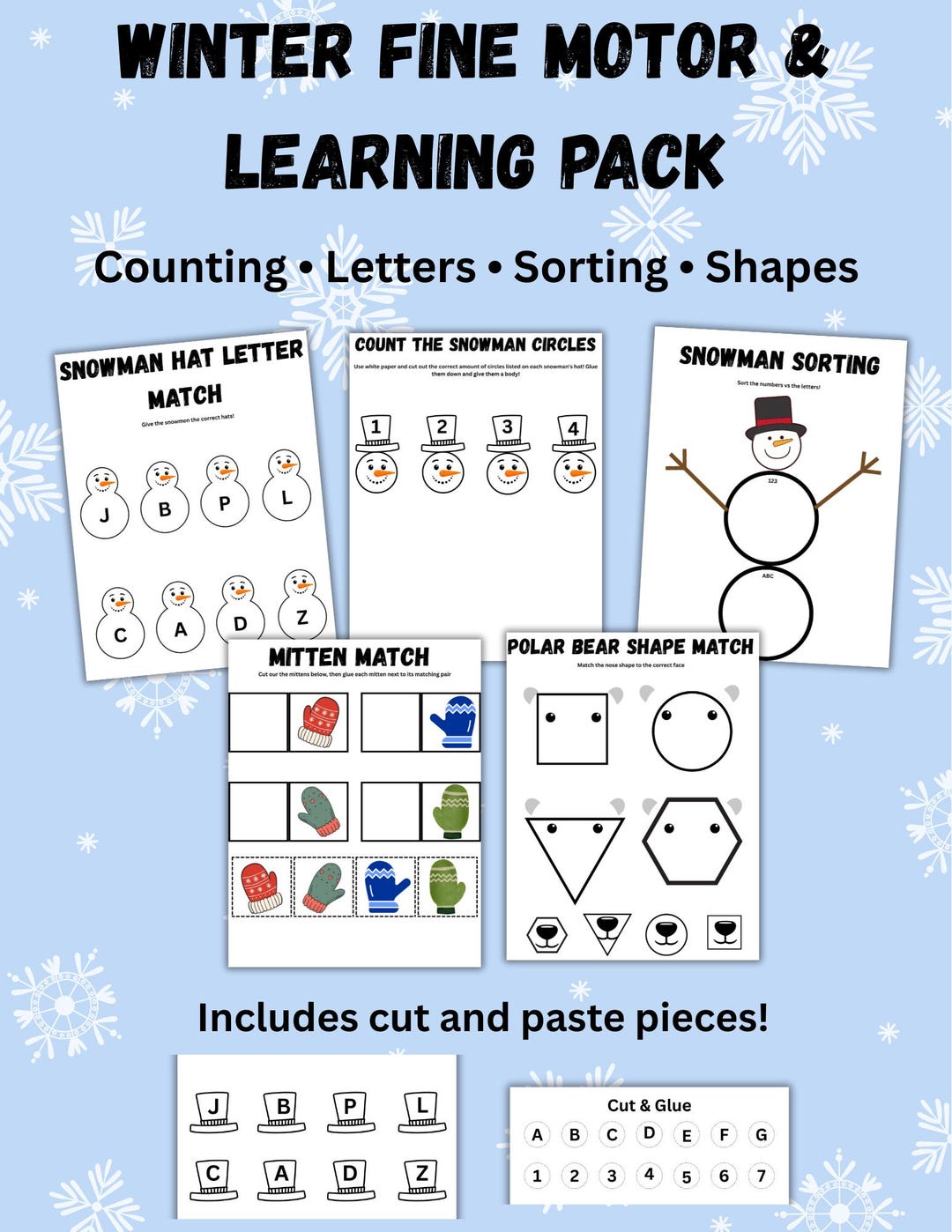 Winter Fine Motor Learning Pack | Counting Letters Shapes Sorting ...