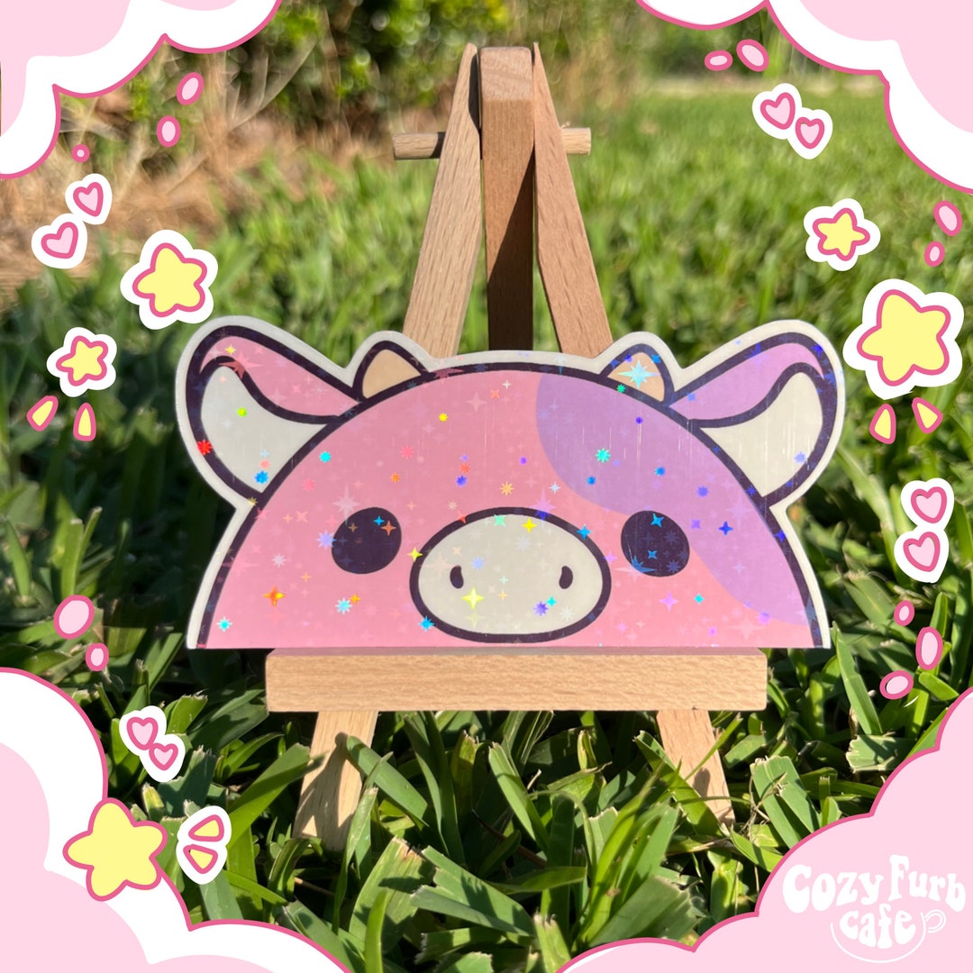 Squishy Cow Pink Peeker Sticker JUMBO | Water Resistant Holographic ...