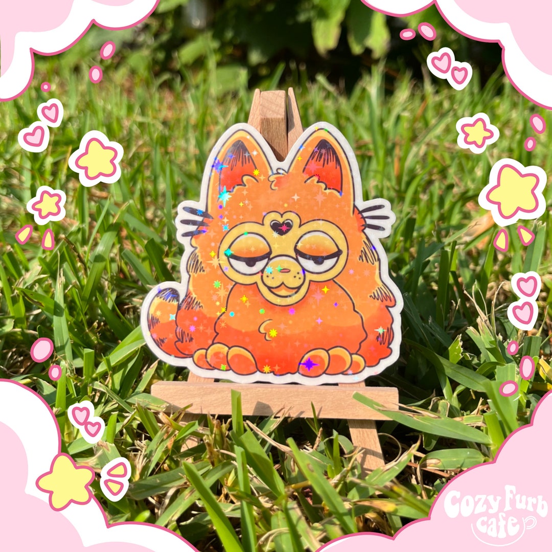 Orange Cat Furbee Sticker | Water Resistant Holographic Vinyl Sticker ...