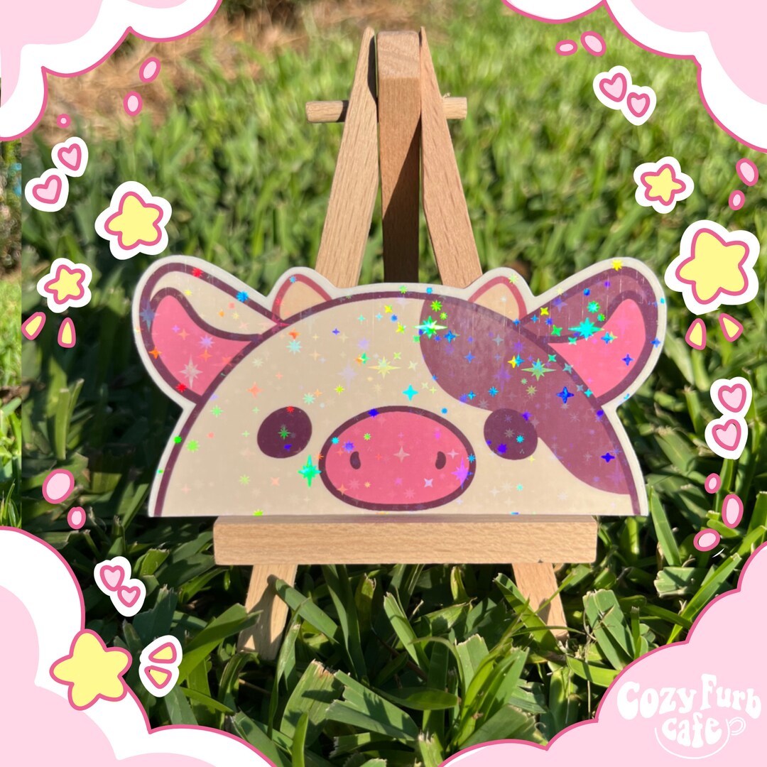 Squishy Cow Brown Peeker Sticker JUMBO | Water Resistant Holographic ...
