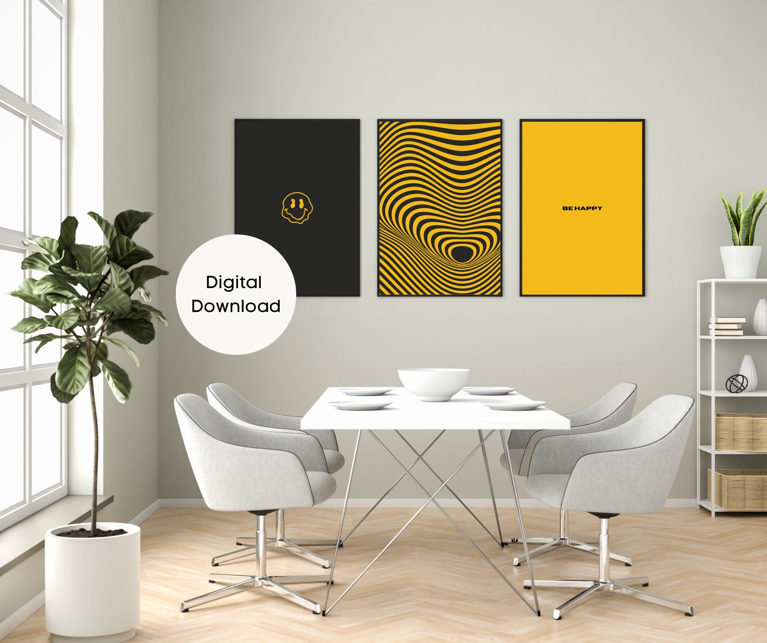 BE HAPPY Downloadable and Printable Wall Art Set of 3 Bundle Yellow ...