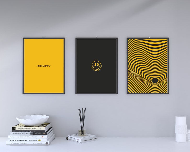 BE HAPPY Downloadable and Printable Wall Art Set of 3 Bundle Yellow ...