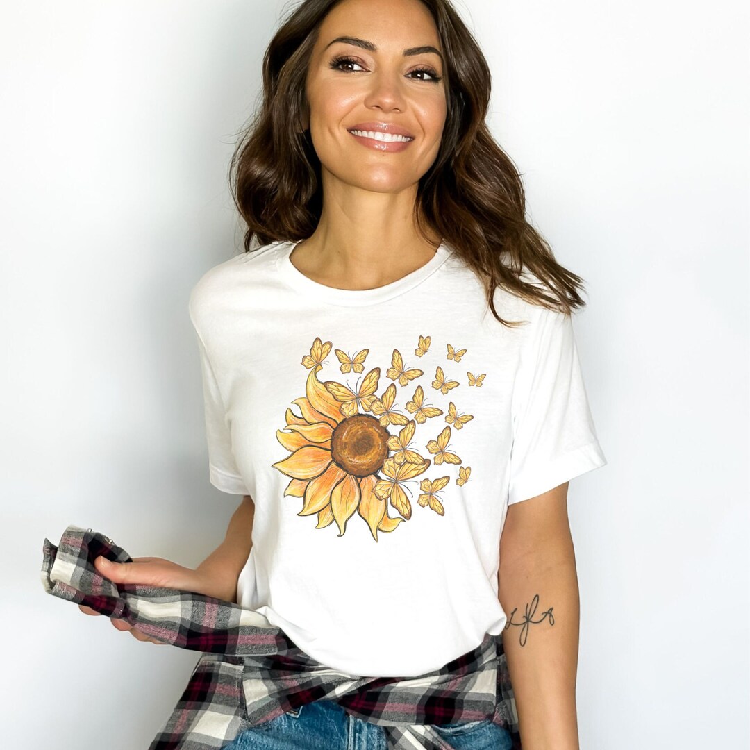 Sunflower T Shirt Sunflower Butterflies Shirt, Butterfly Tee Cottage ...