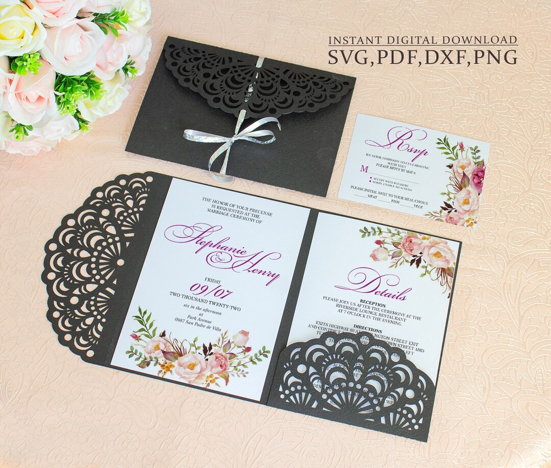 Lace Invitation Svg Trifold Wedding 5x7 Pocket Envelope Template For