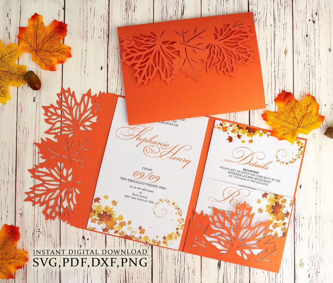 Dry Maple Leaf Invitation Template, Fall Wedding Trifold Envelope Svg ...