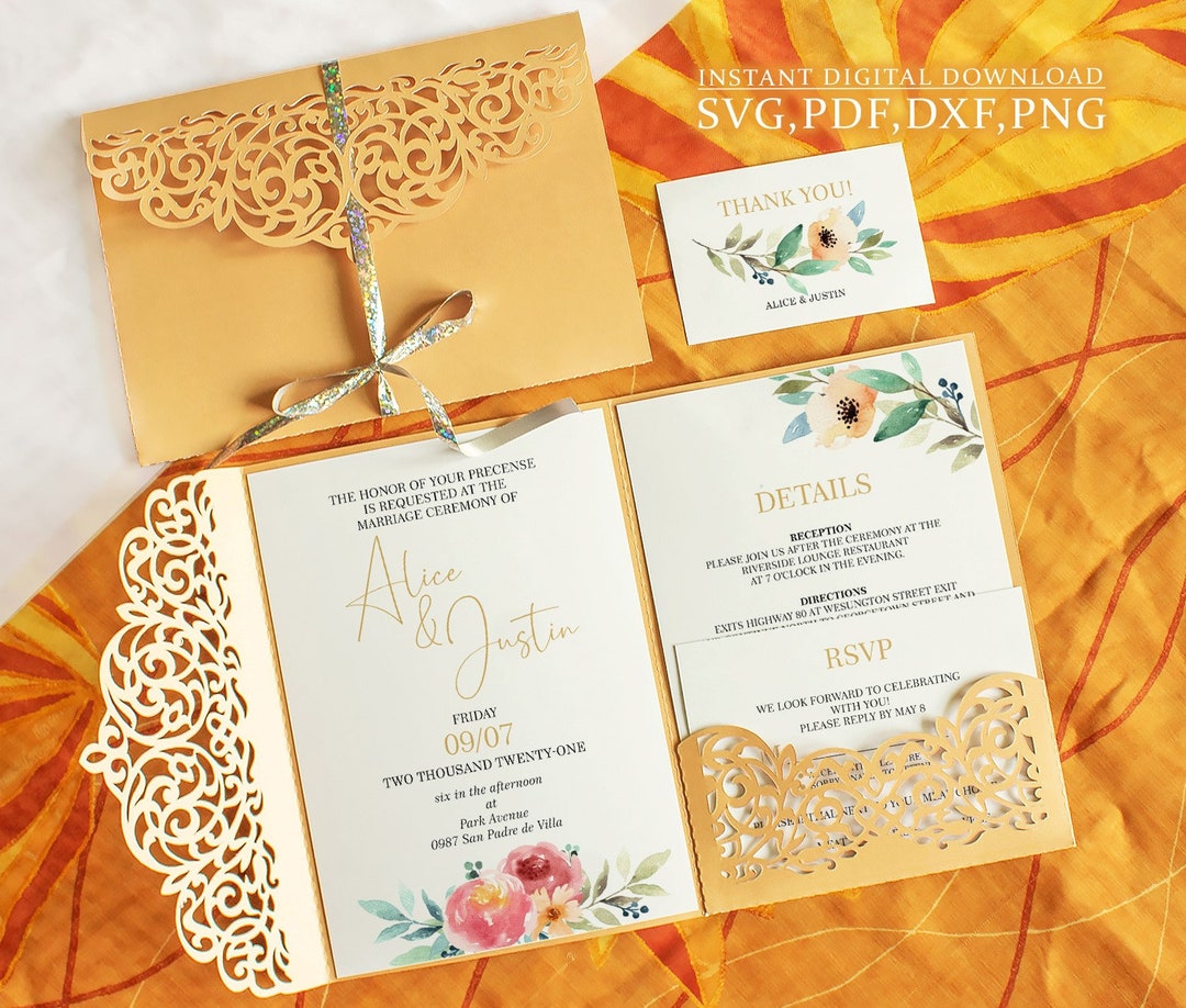 Wedding Trifold Invitation SVG, 5x7 Invitation Envelope Template, Laser ...