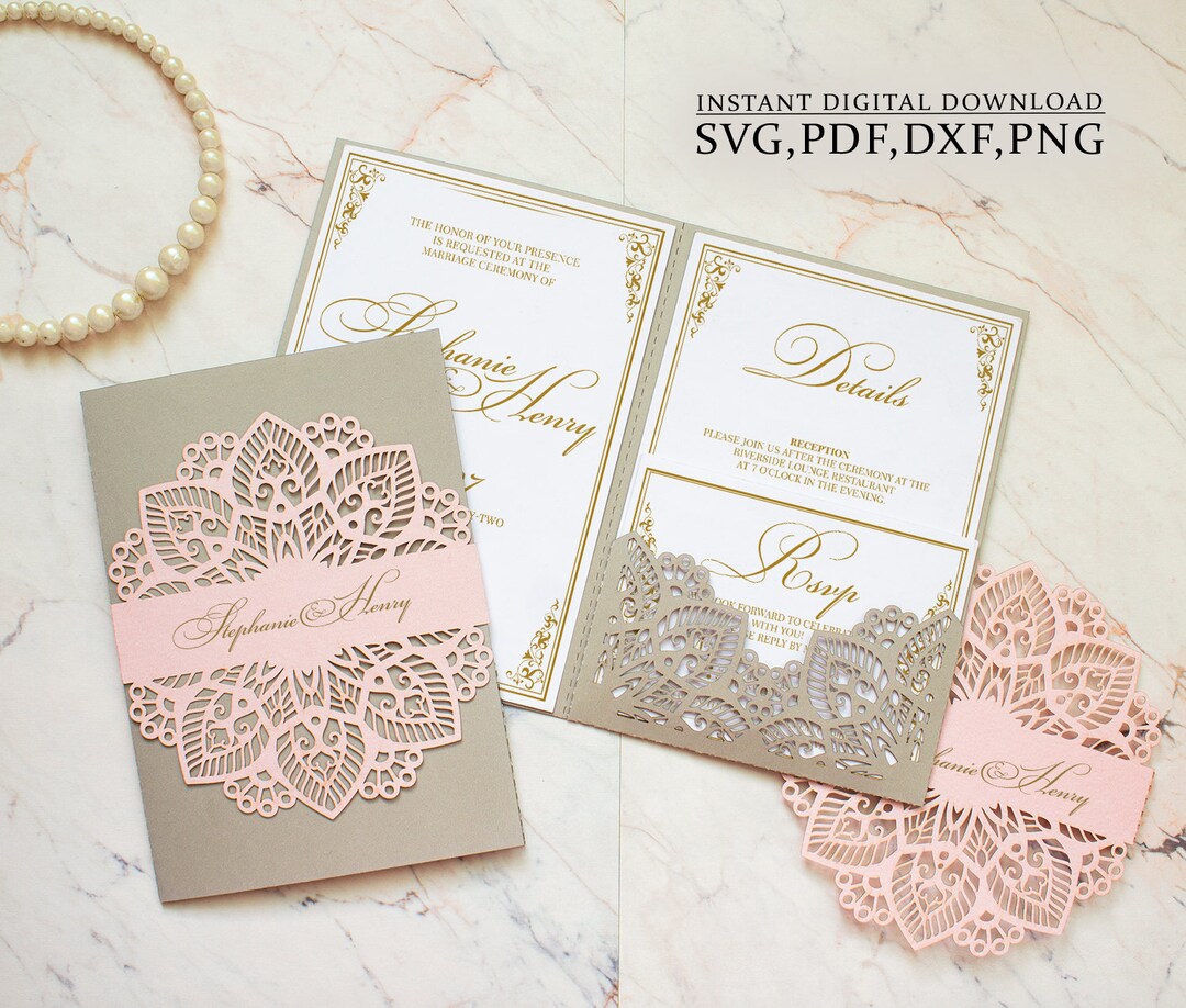 Wedding Lace Invitation SVG Template Elegant 5x7 Pocket - Etsy