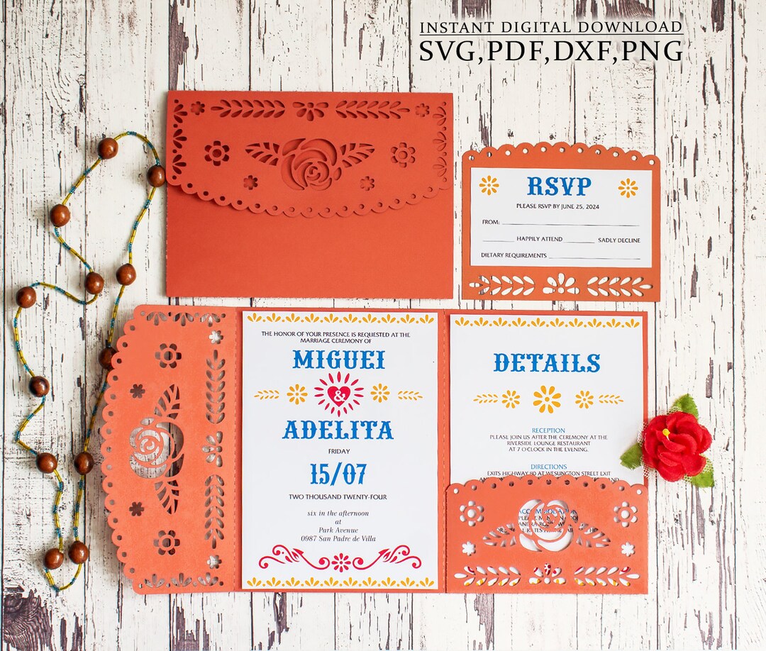 Wedding Mexican Invitation Template SVG, Trifold Roses Floral Flower ...