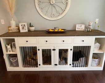 Double Wooden Dog Kennel W/ Shelves and Dog Bowl Drawers - Biggest Dog ...