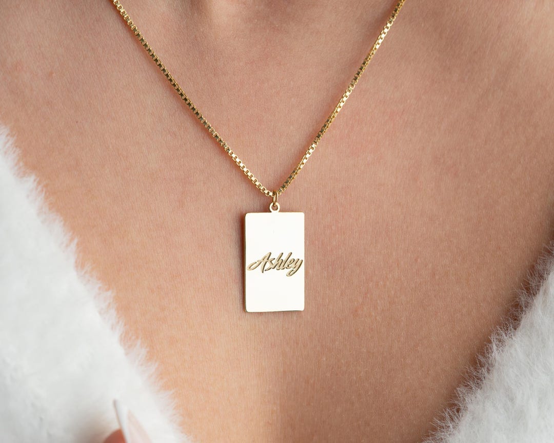 Custom Name Rectangle Pendant Necklace, Personalized Name Bar Necklace ...