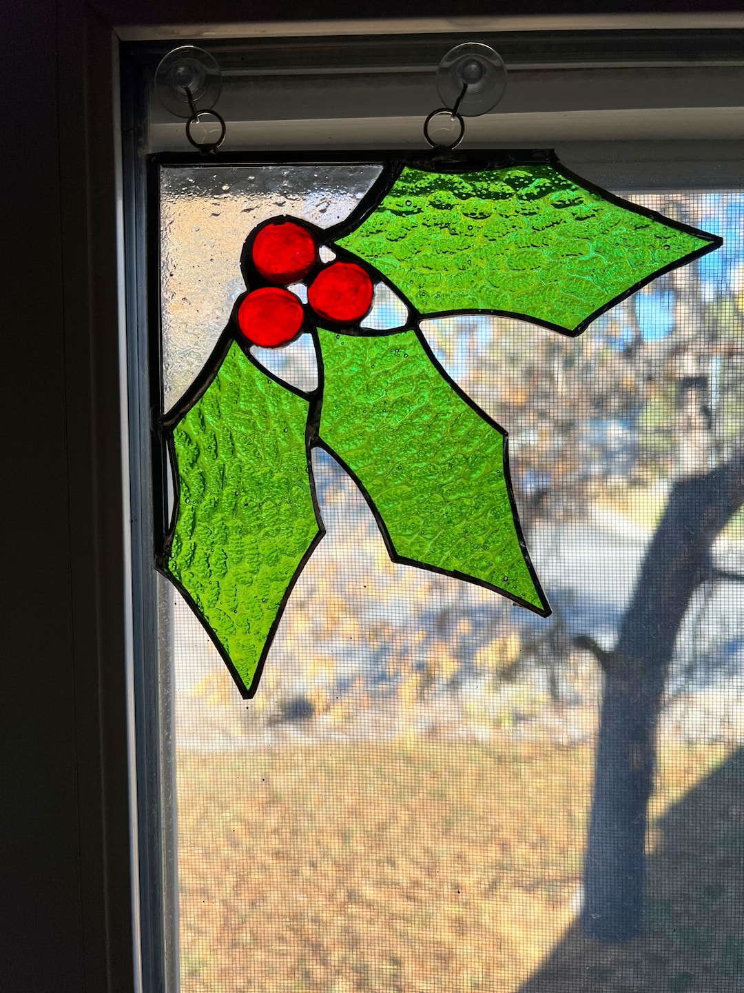 Stained Glass Christmas Holly Corner Window Piece. - Etsy