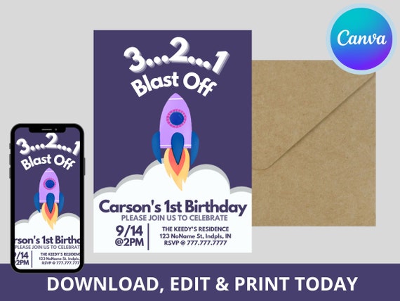 Editable CANVA Blast off Space Birthday Invitation Template - Etsy