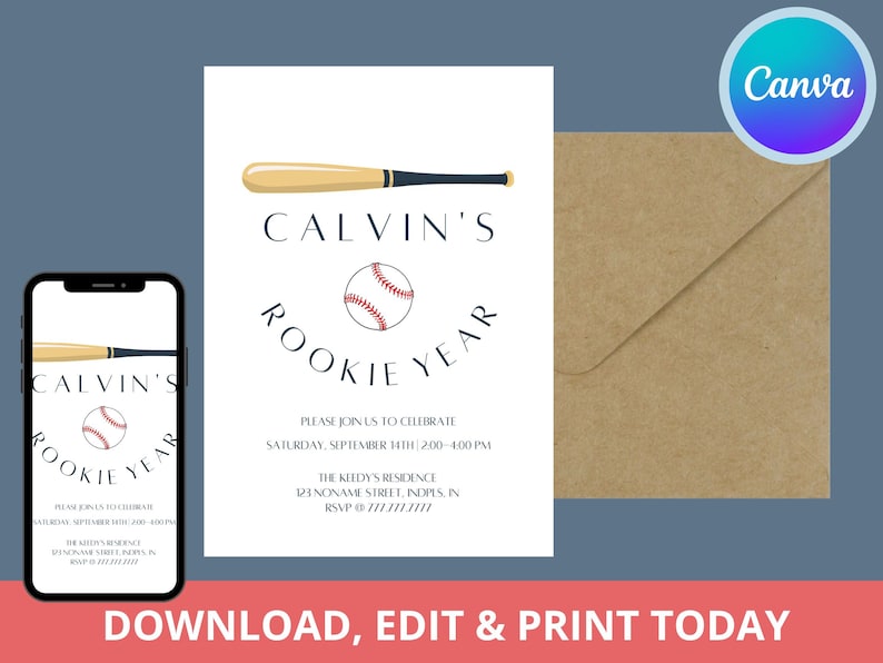 Editable CANVA Baseball Birthday Invitation | Rookie of the Year First ...