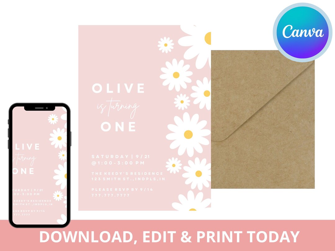 Editable Canva Daisy Birthday Party Invitation | Wild One Birthday ...