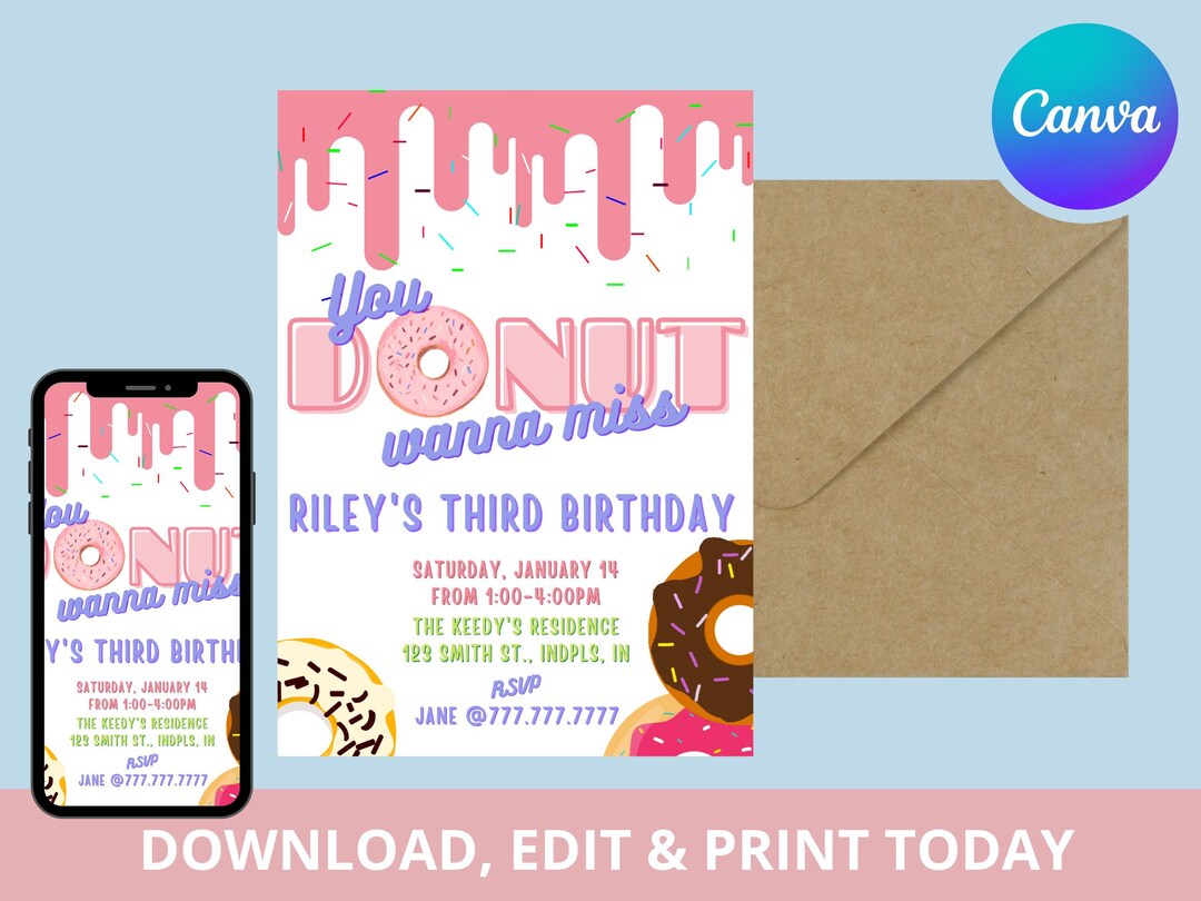 Editable Canva Donut Birthday Invitation | Donut Birthday Printable ...