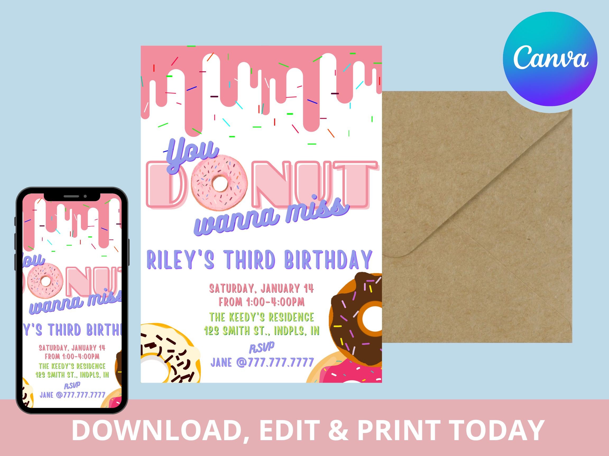 Editable Canva Donut Birthday Invitation | Donut Birthday Printable ...