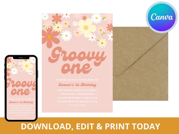 Editable Canva Groovy Birthday Party Invitation Flower - Etsy
