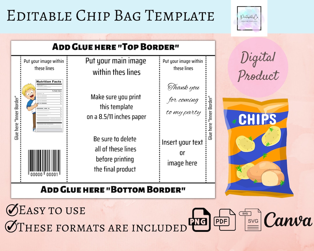 Chip Bag Template Canva Editable, Blank Chip Bag, DIY, Custom Potato ...