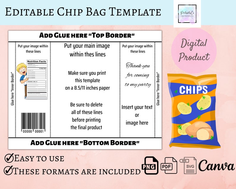 Chip Bag Template Canva Editable, Blank Chip Bag, DIY, Custom Potato ...
