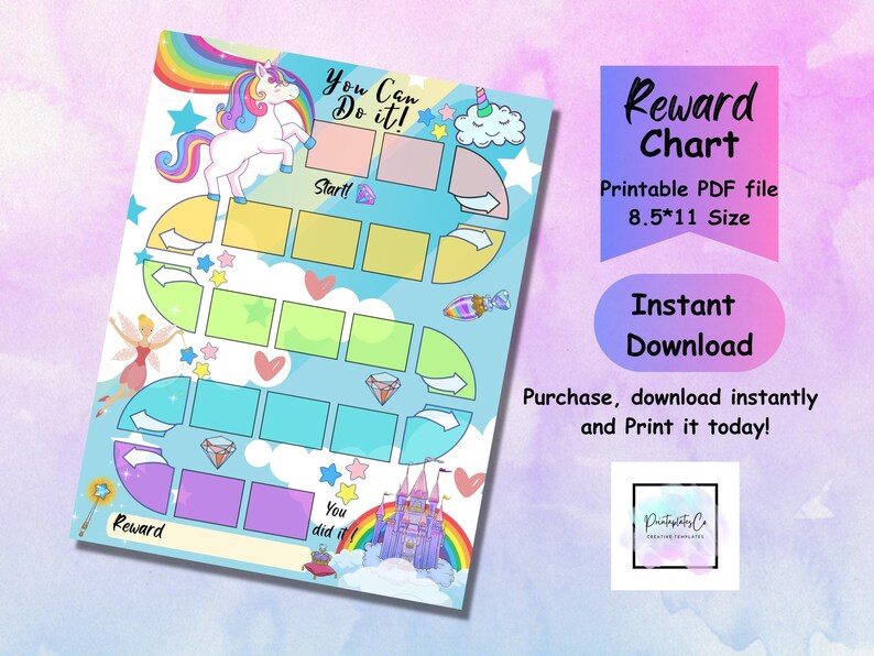 Girl Unicorn Printable Reward Chart, You Can Do It Chart, Rainbow Chore ...