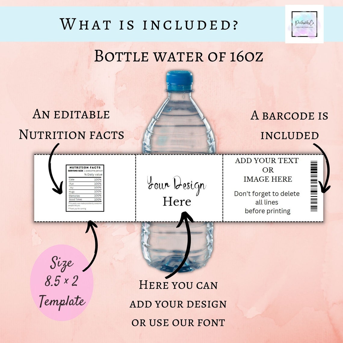 Water Bottle Label Blank Template, Party Favors Supplies Templates ...